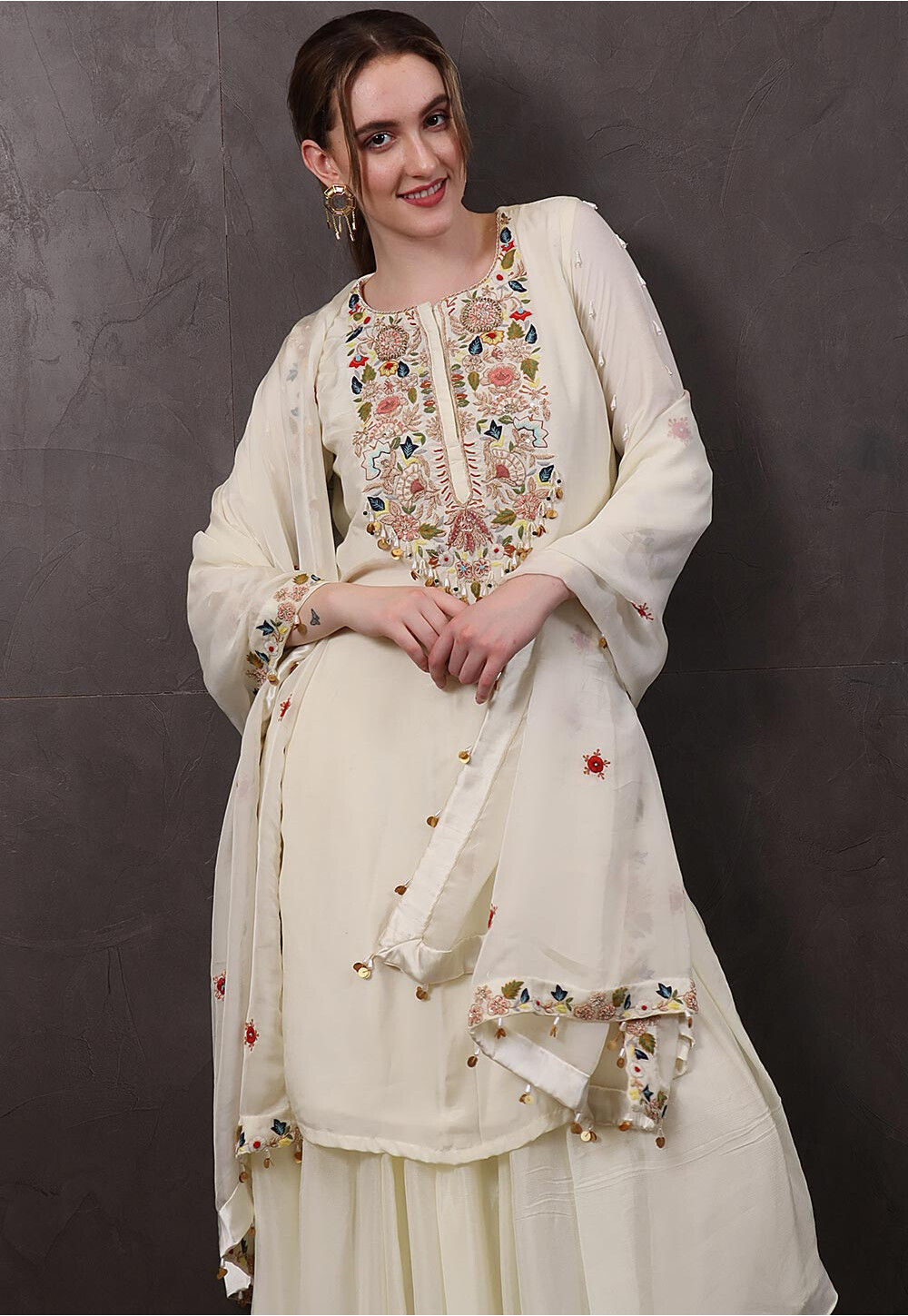 Buy Hand Embroidered Viscose Georgette Pakistani Suit in Cream Online ...