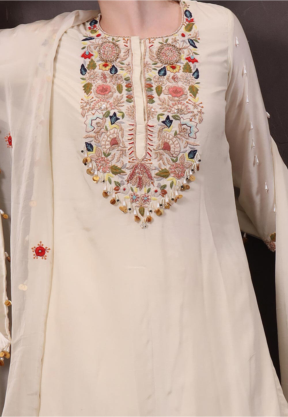 Buy Hand Embroidered Viscose Georgette Pakistani Suit in Cream Online ...