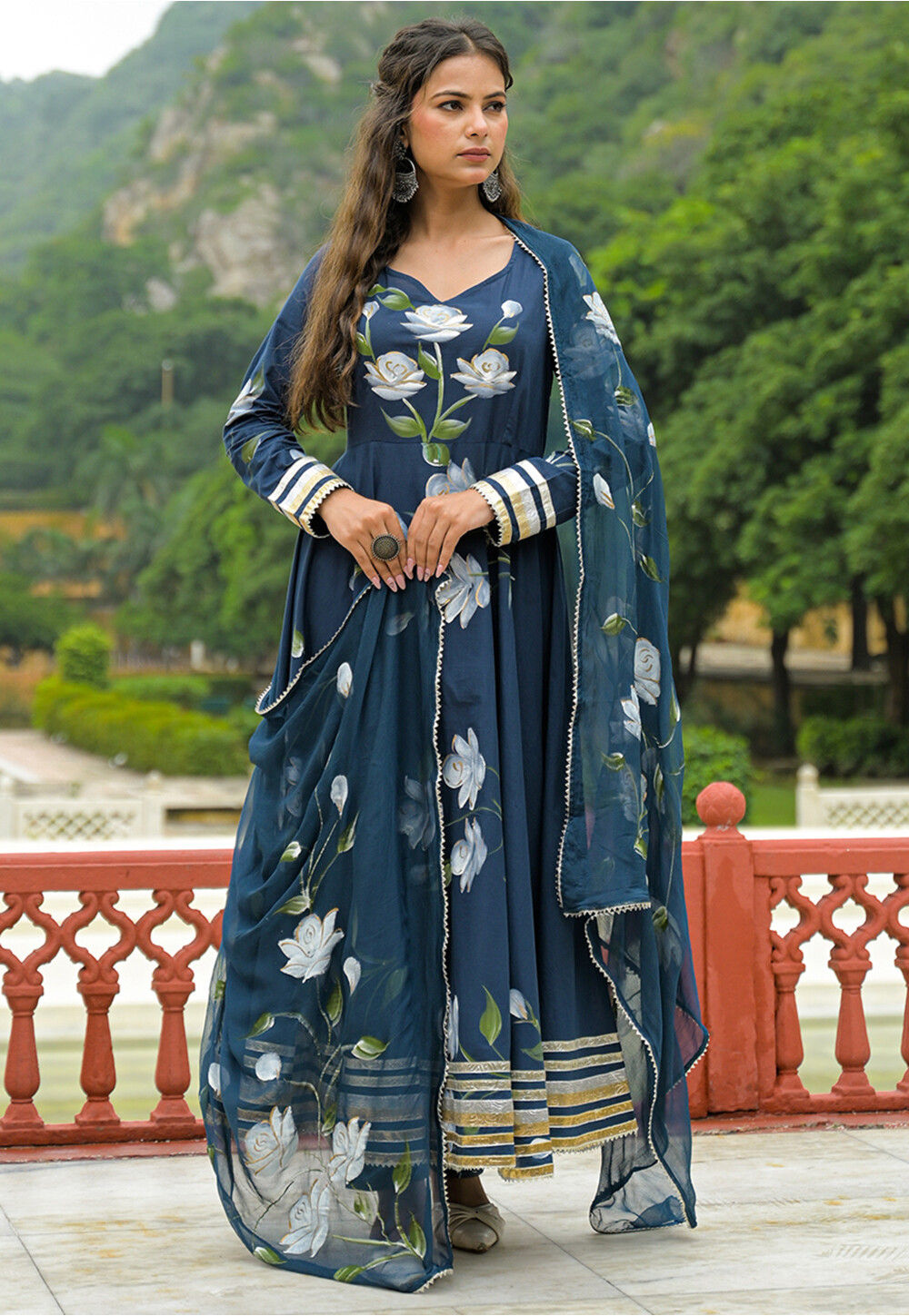 Buy Hand Painted Cotton A Line Suit in Blue Online : KJX232 - Utsav Fashion