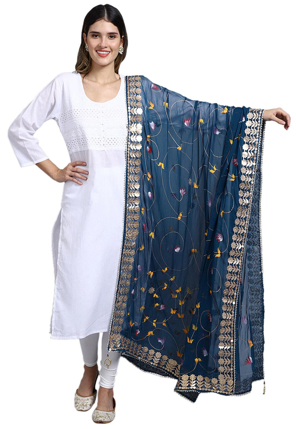 Buy Hand Painted Georgette Dupatta in Dark Teal Blue Online : BRJ826 ...