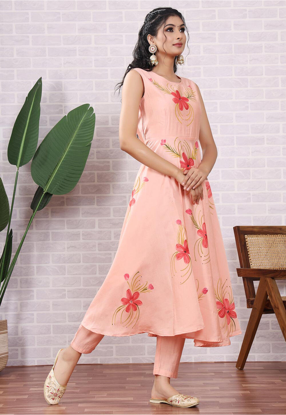 Buy Hand Painted Modal Silk Anarkali Suit in Peach Online : KER199 ...