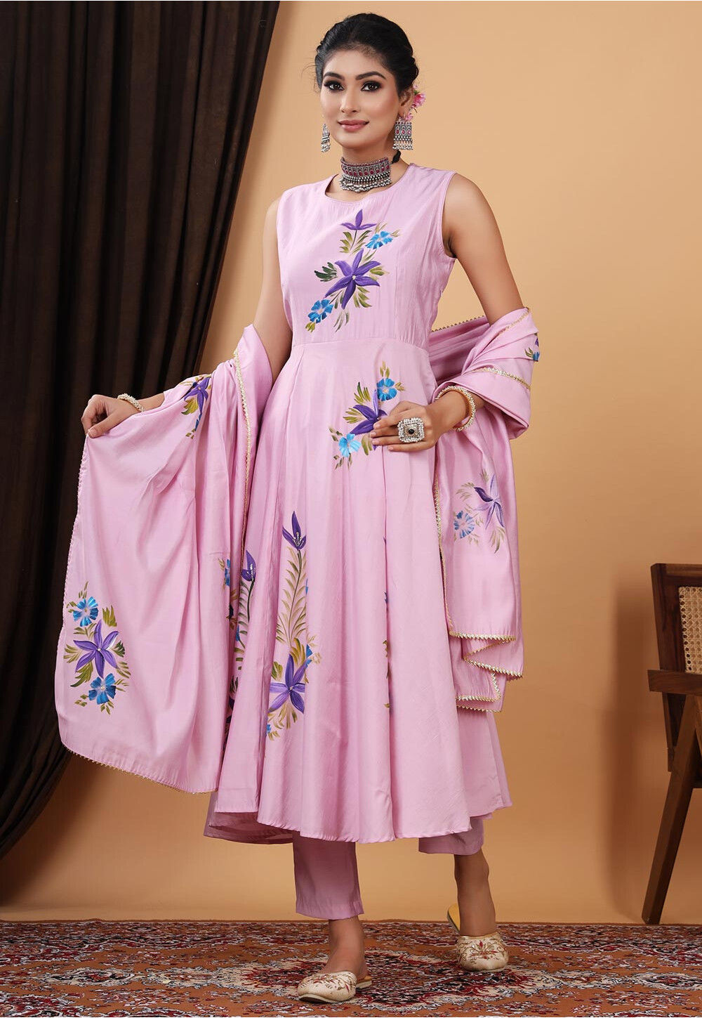 Buy Hand Painted Modal Silk Anarkali Suit in Pink Online : KER201 ...