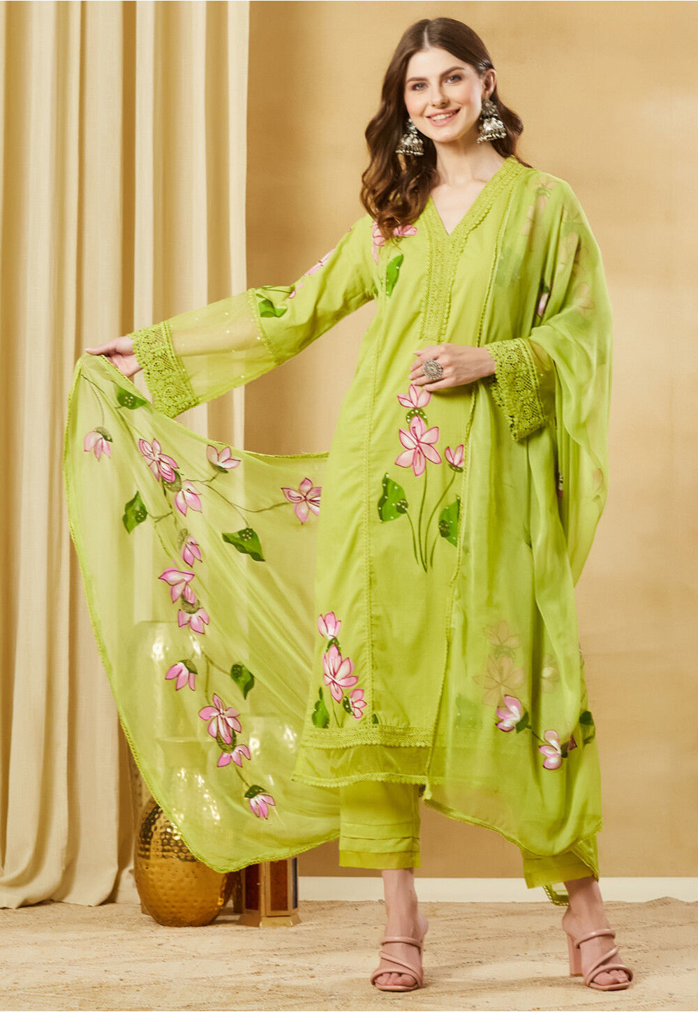 Buy Hand Painted Pure Cotton Pakistani Suit in Light Green Online ...