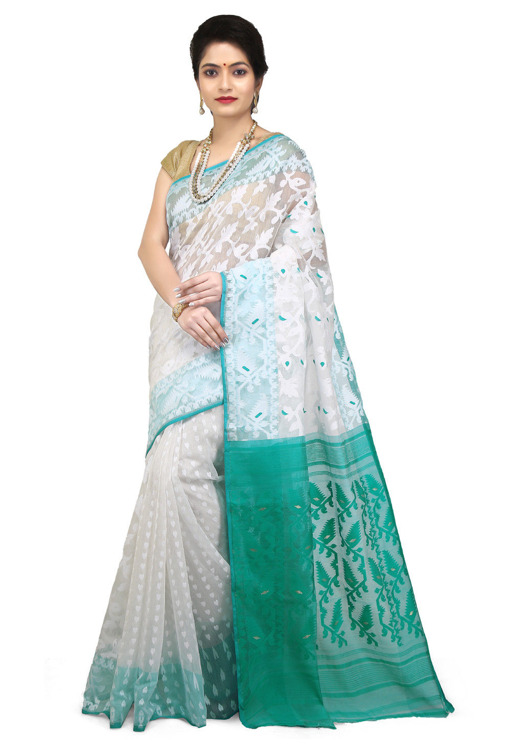 Buy Handloom Cotton Silk Jamdani Saree in White Online : SUUA165 ...