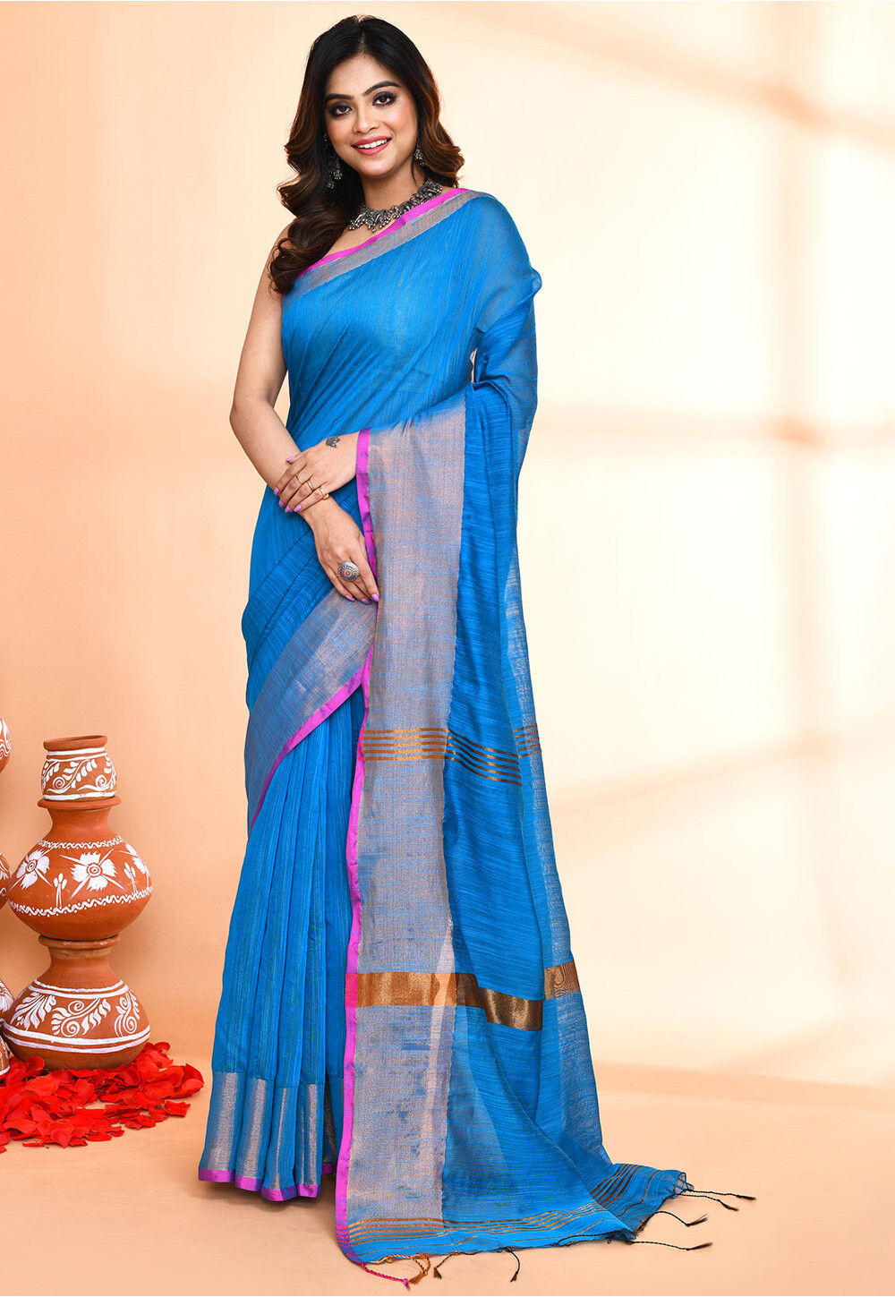 Buy Handloom Cotton Silk Saree in Blue Online : SBE650 - Utsav Fashion