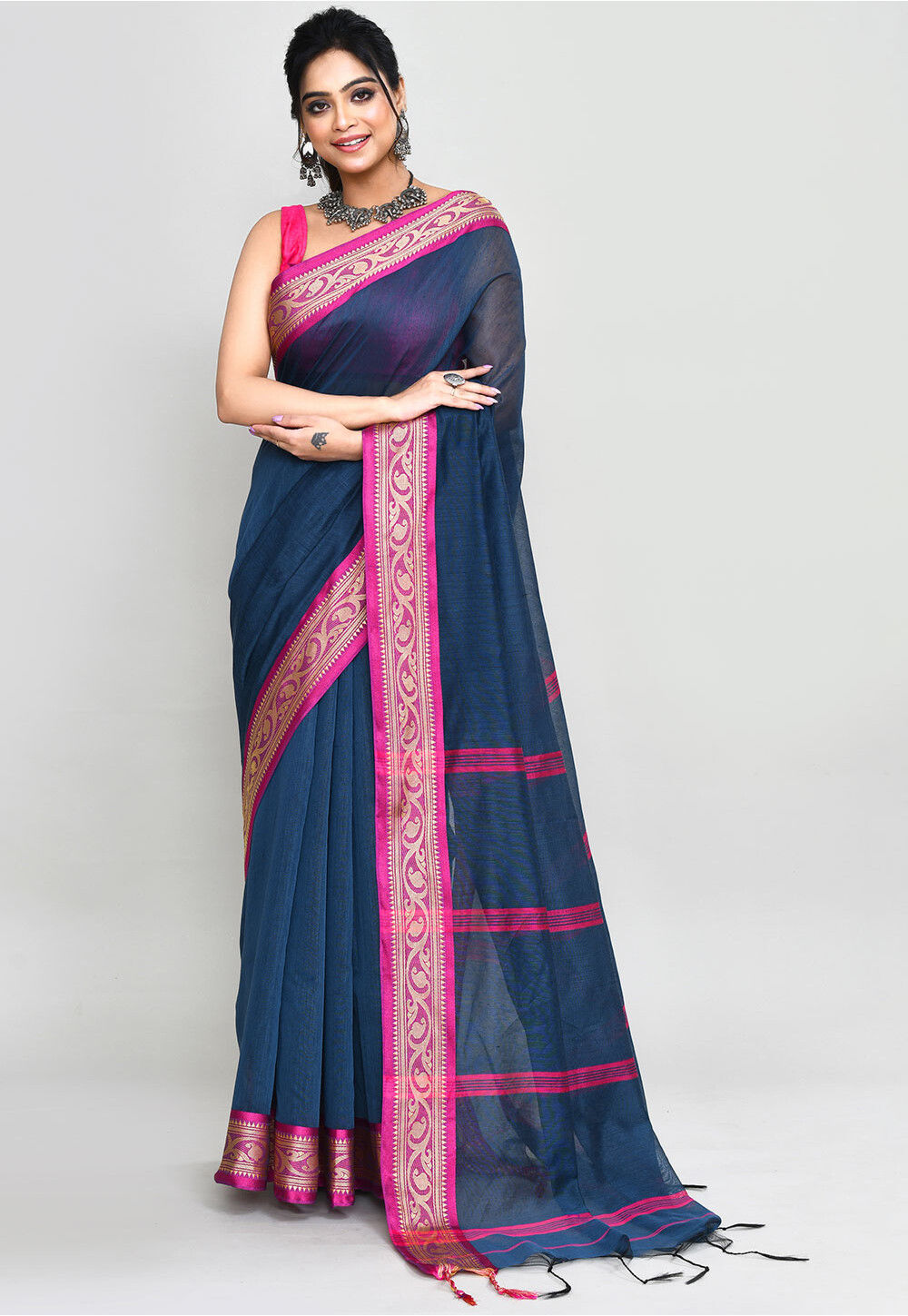 Buy Handloom Cotton Silk Saree in Dark Blue Online : SBE658 - Utsav Fashion