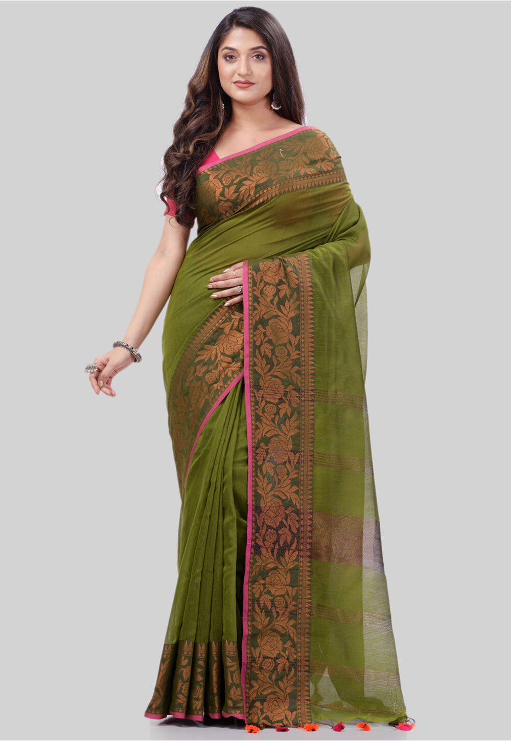 Buy Handloom Cotton Silk Saree in Olive Green Online : SBE431 - Utsav Fashion