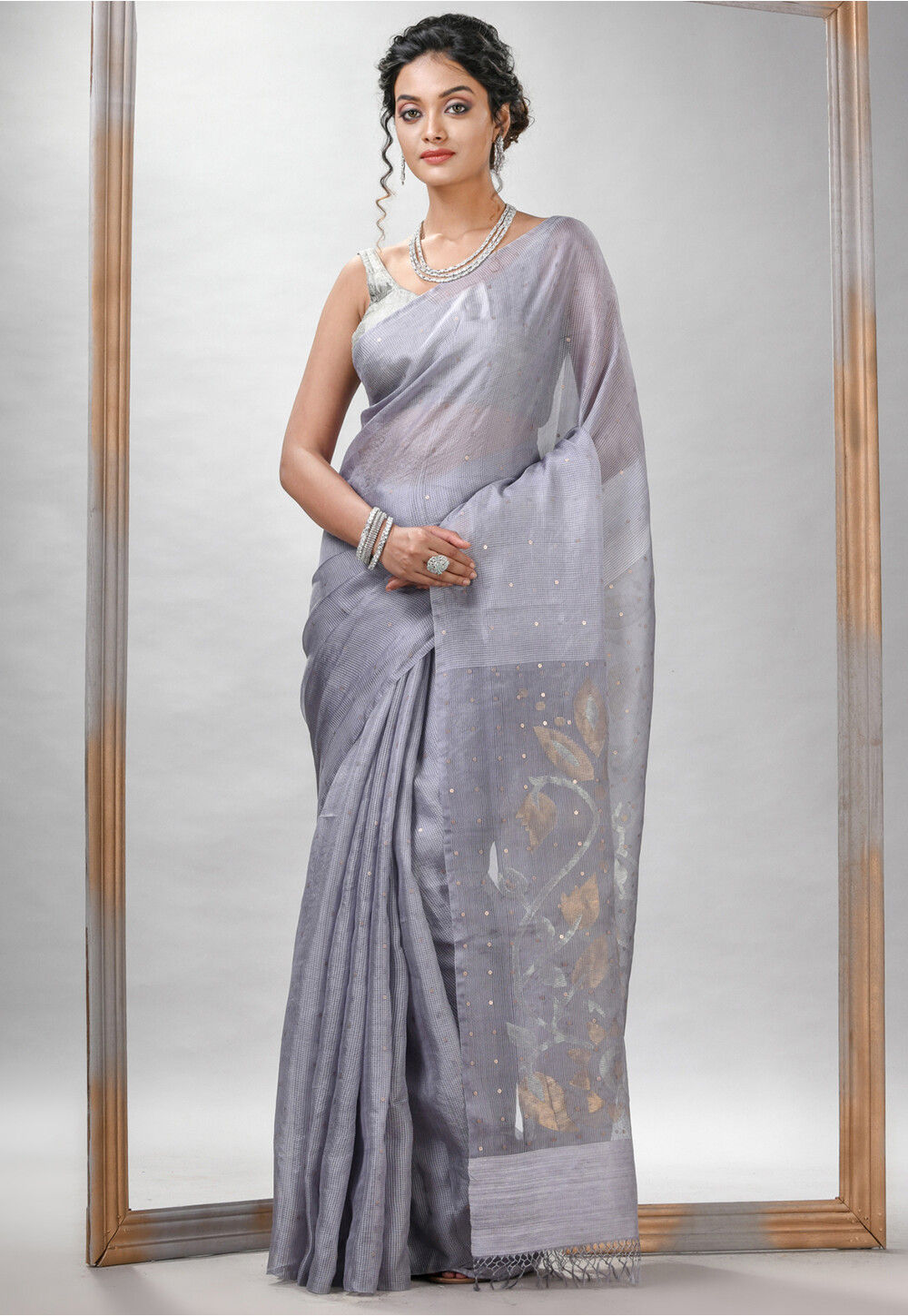 Buy Handloom Jamdani Pure Matka Silk Saree in Light Grey Online ...