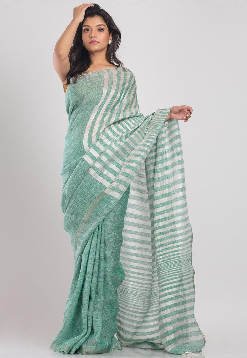 Buy Handloom Linen Saree in Light Green Online : SBEA1295 - Utsav Fashion