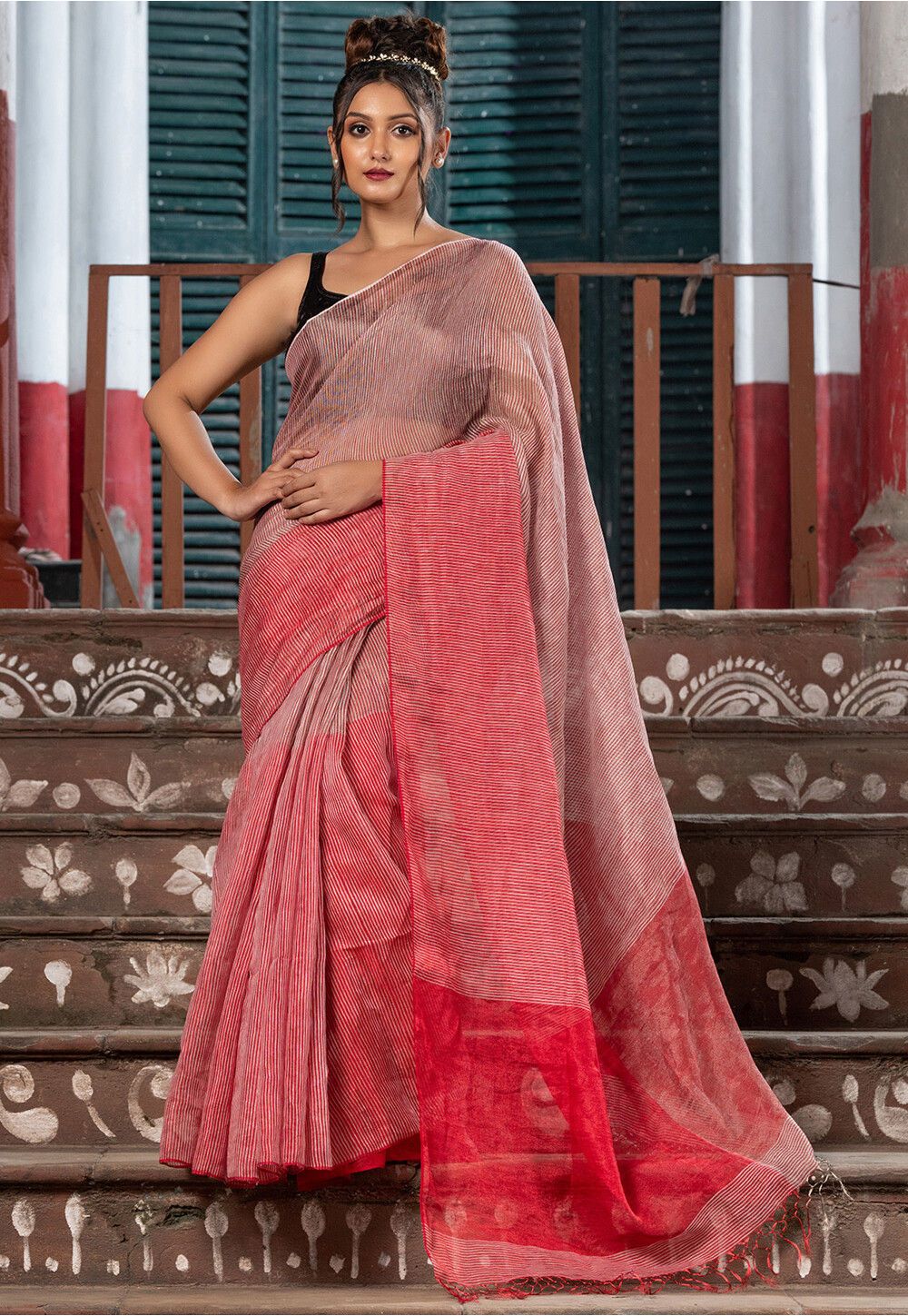 Buy Handloom Linen Saree in Pink and Red Online : SBEA2350 - Utsav Fashion