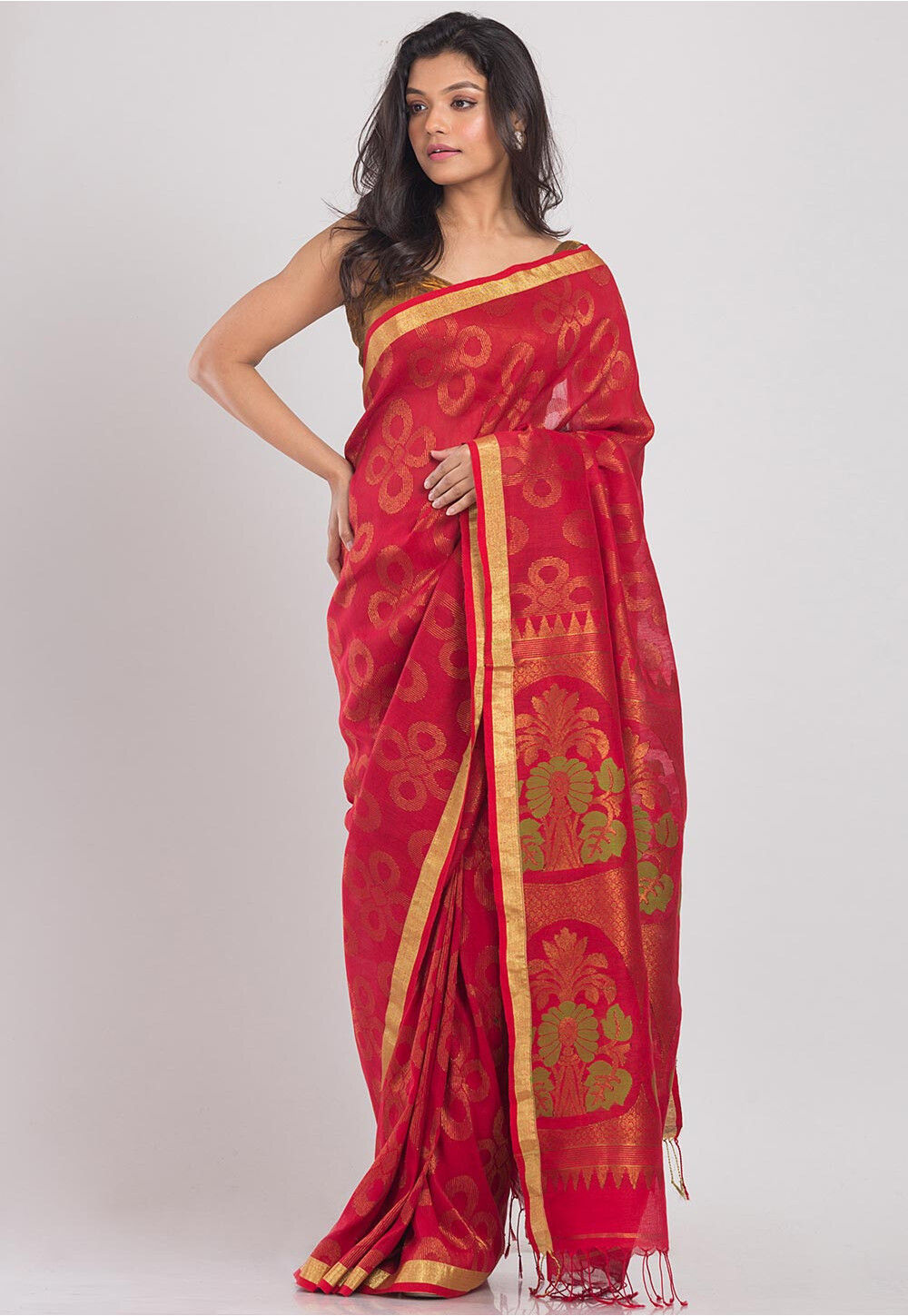 Buy Handloom Linen Saree in Red Online : SBEA1294 - Utsav Fashion
