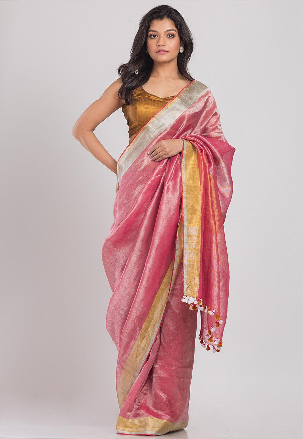 Buy Handloom Linen Tissue Saree in Pink Online : SBEA1293 - Utsav Fashion