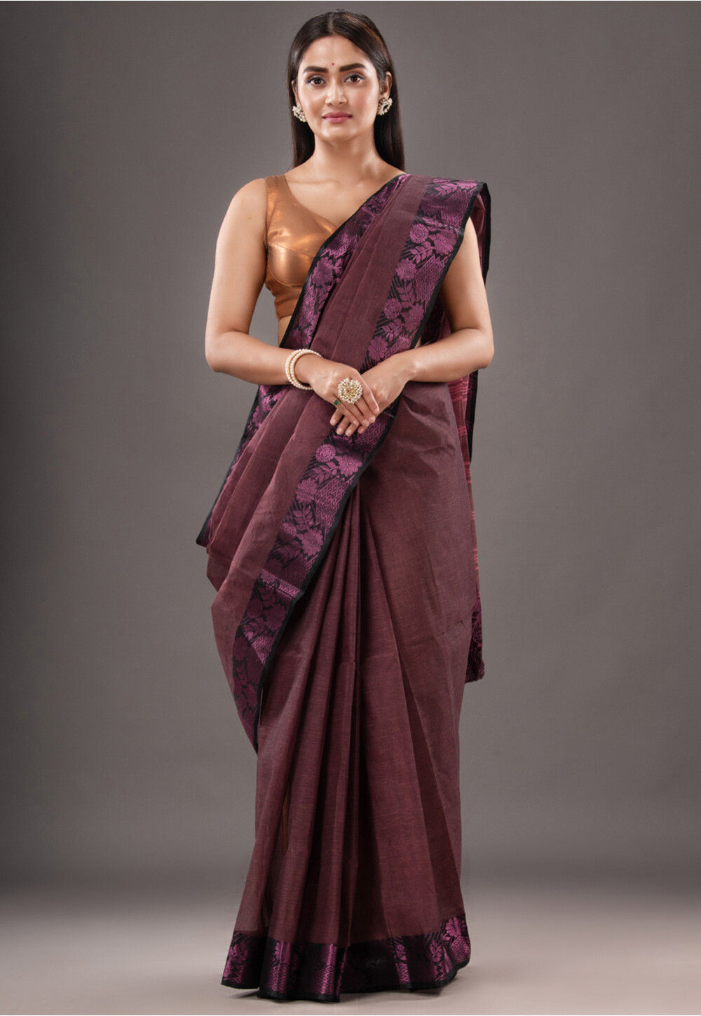 Buy Handloom Pure Cotton Tant Saree in Brown Online : SPN7004 - Utsav ...