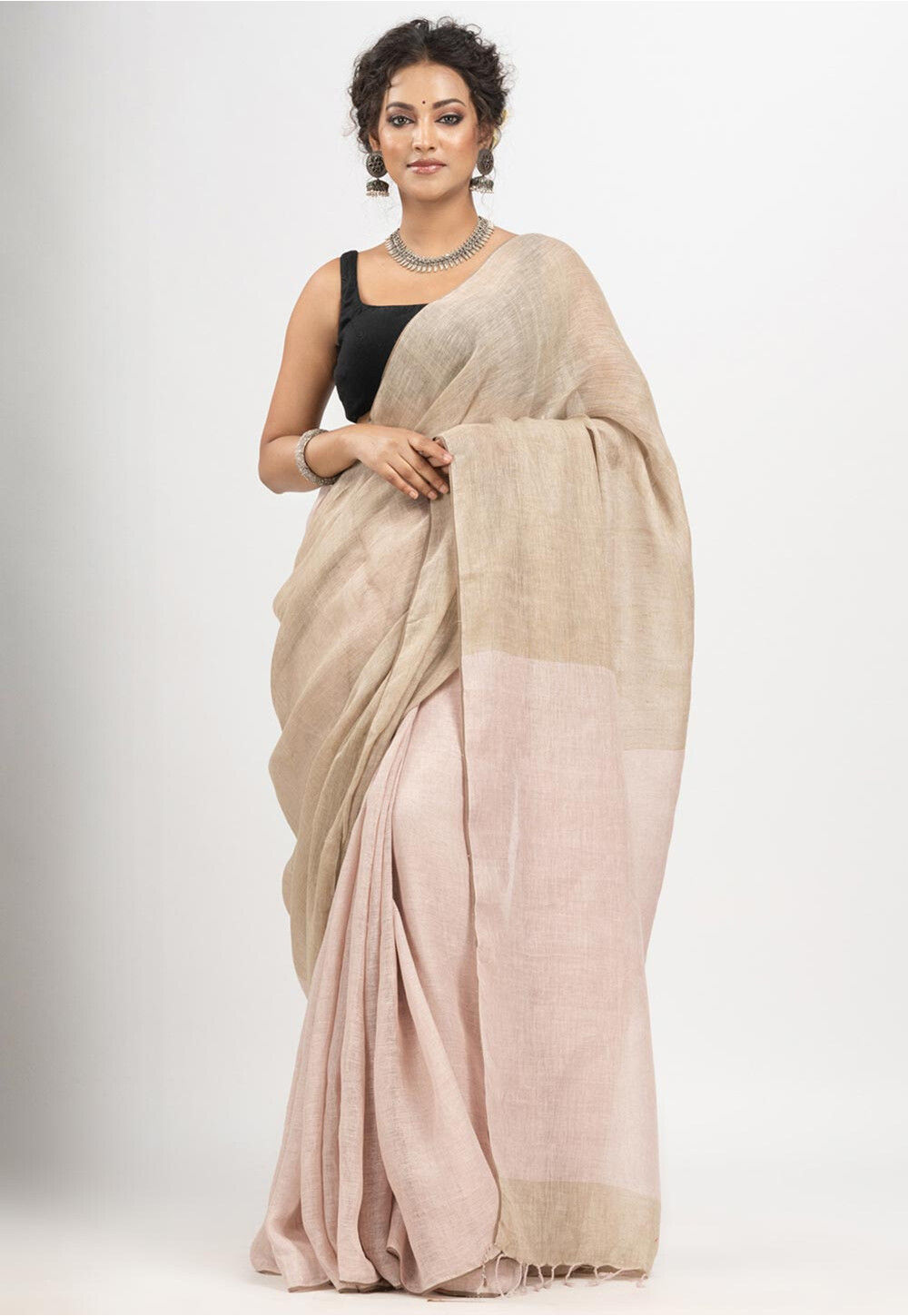 Buy Handloom Pure Linen Saree in Light Beige and Dusty Pink Online ...