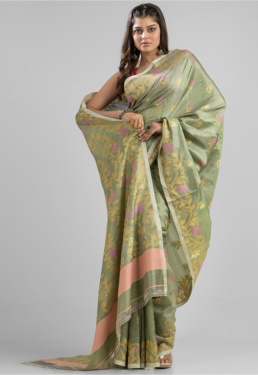 Buy Handloom Pure Mulberry Silk Saree in Dusty Green Online : SPN7672 ...