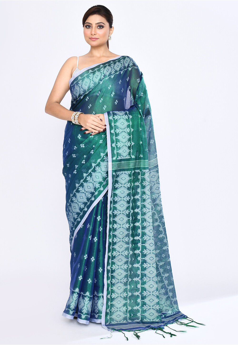 Buy Handloom Tissue Saree in Green and Blue Dual Tone Online : SBE848 ...