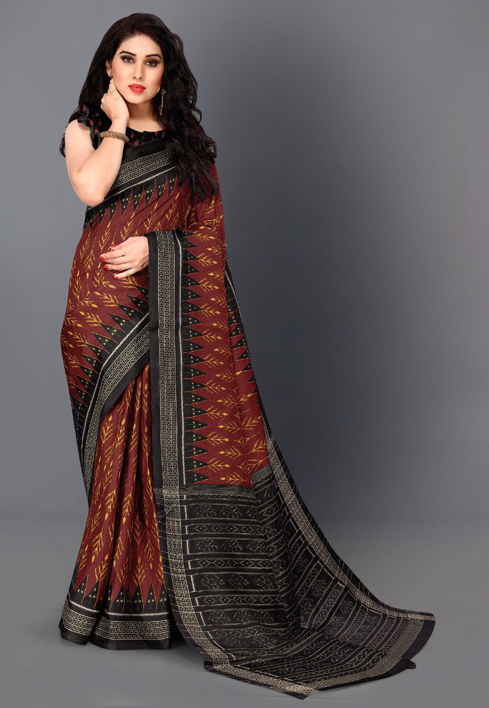 Buy Ikat Printed Art Silk Saree in Maroon Online : SJRA2344 - Utsav Fashion