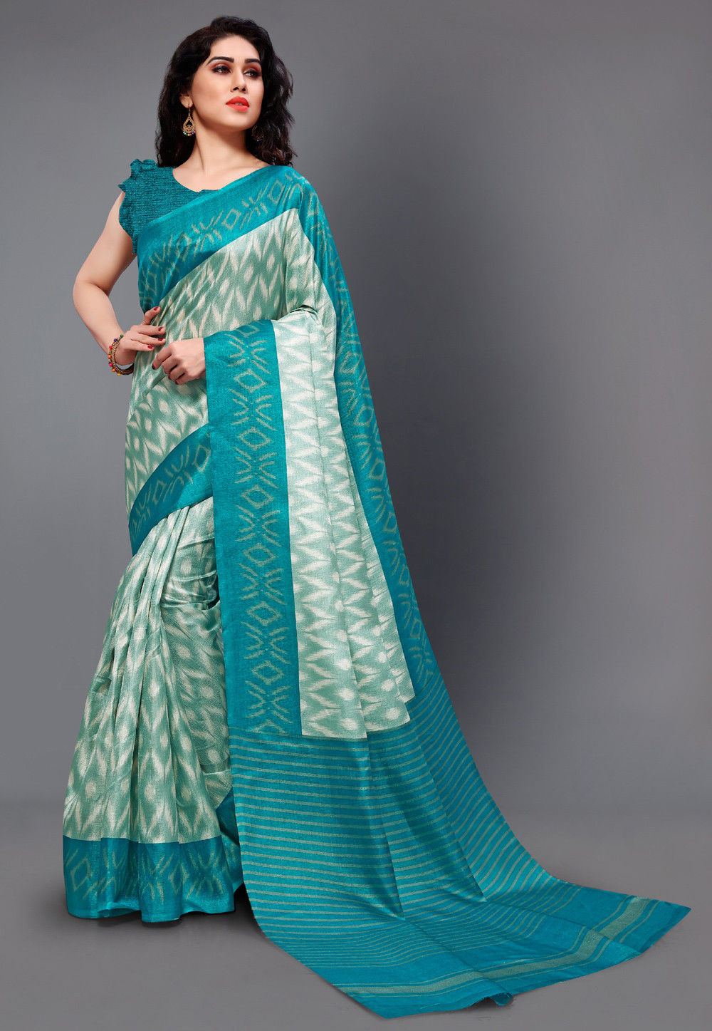 Buy Ikat Printed Art Silk Saree in Sea Green and Blue Online : SJRA1992 ...