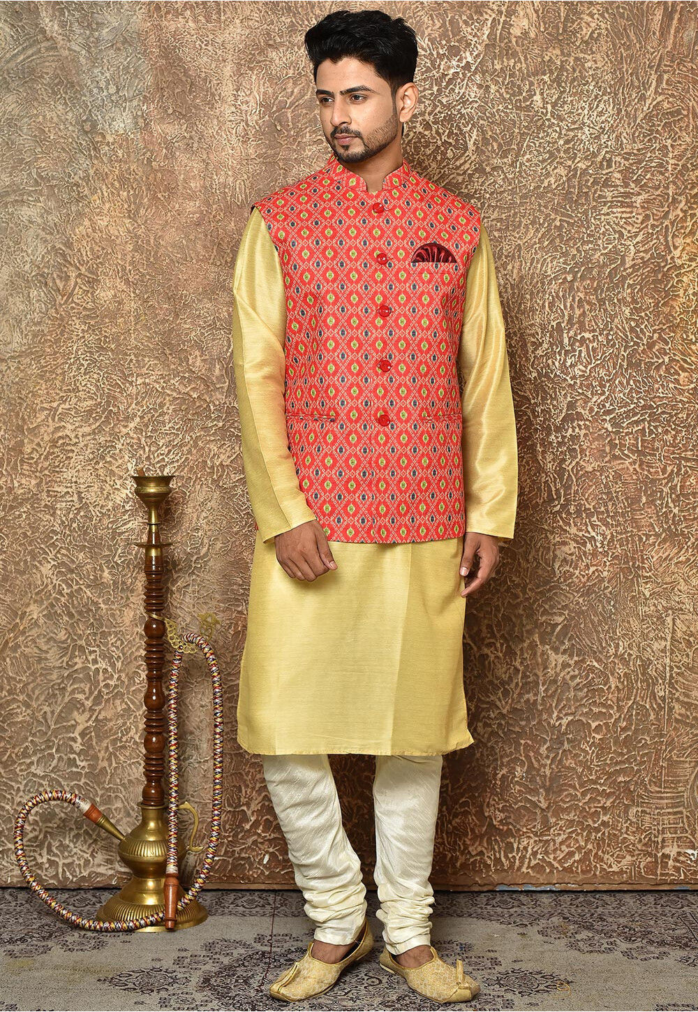 Buy Ikat Printed Cotton Linen Nehru Jacket in Red Online : MNK324 ...