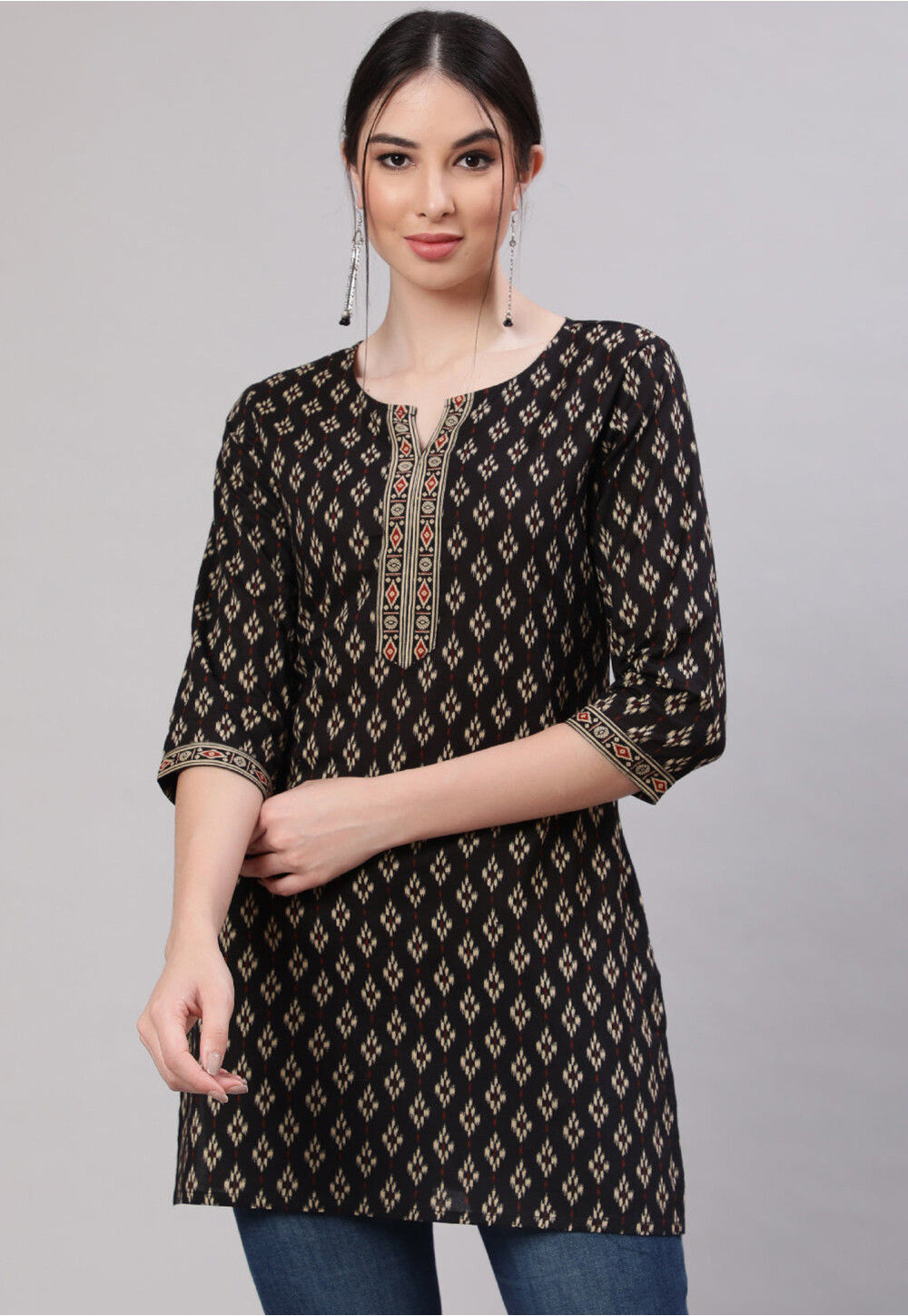 Buy Ikat Printed Cotton Tunic in Black Online : TUV482 - Utsav Fashion