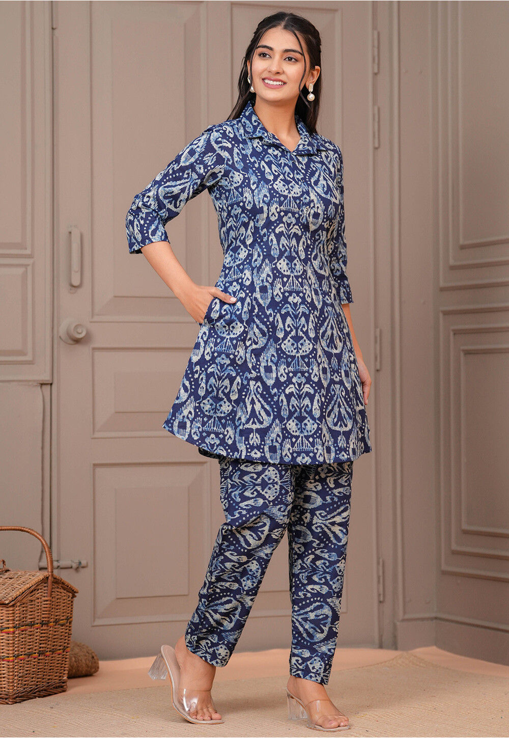 Buy Ikat Printed Pure Cotton A Line Kurta Set in Navy Blue Online ...