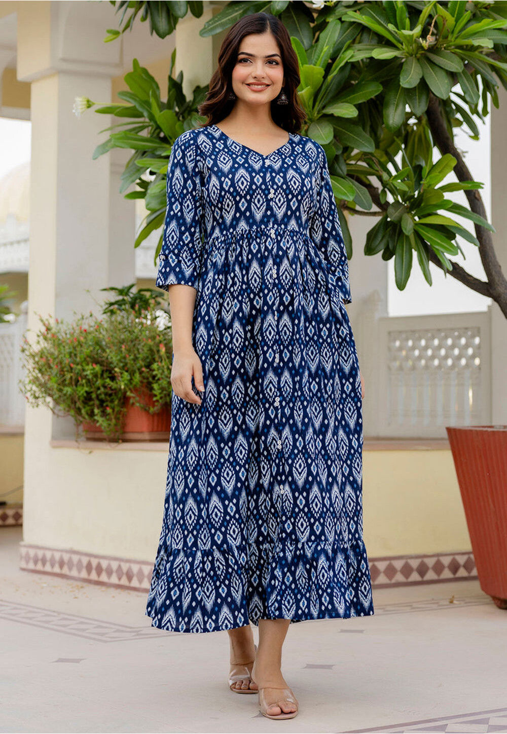 Buy Ikat Printed Pure Cotton Midi Dress in Navy Blue Online : TUV851 ...