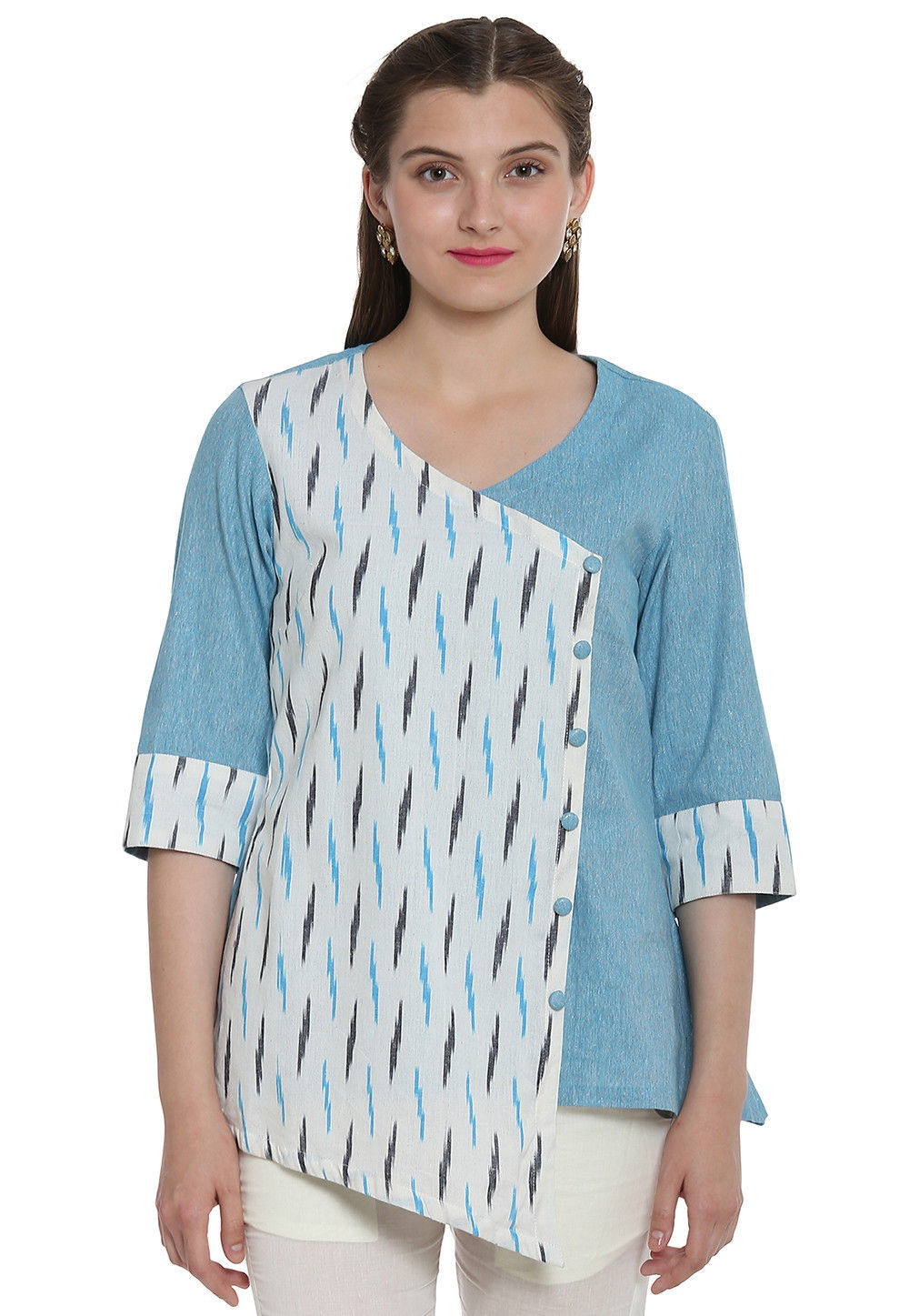 Buy Ikat Woven Cotton Top in White and Sky Blue Online : TJW866 - Utsav ...