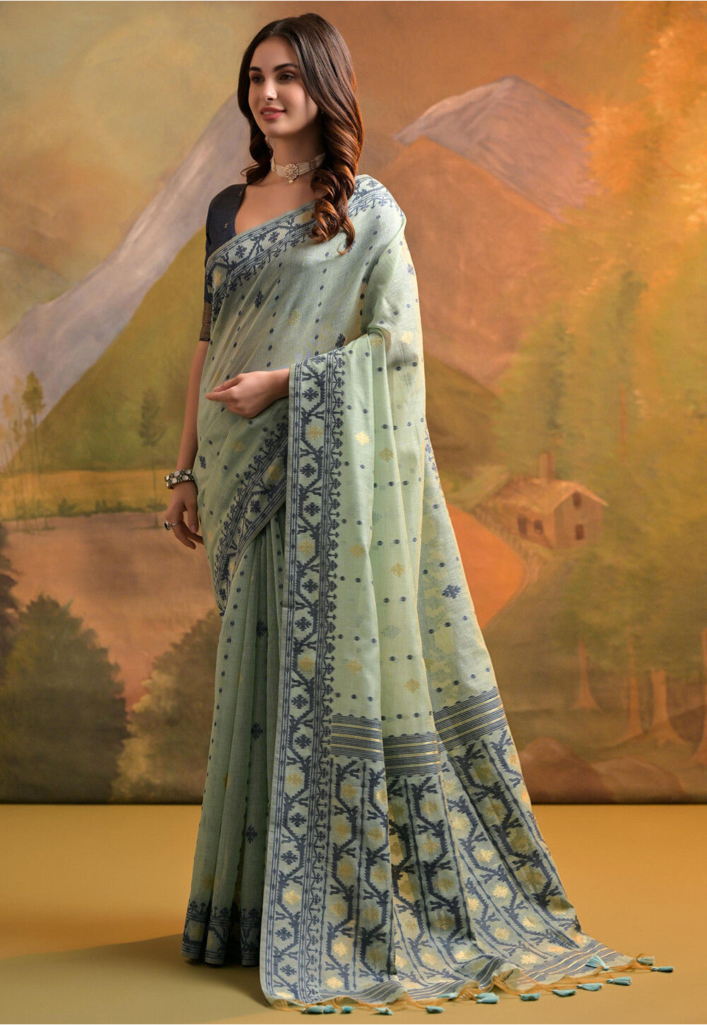 Buy Jamdani Cotton Saree in Sea Green Online : SCGA427 - Utsav Fashion