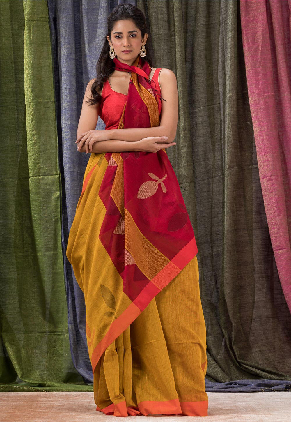 Buy Jamdani Cotton Silk Saree in Mustard Online : SBEA1059 - Utsav Fashion