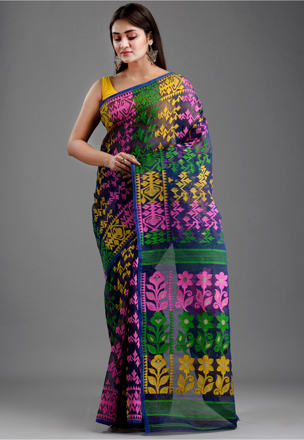 Buy Jamdani Saree in Navy Blue Online : SPN6135 - Utsav Fashion