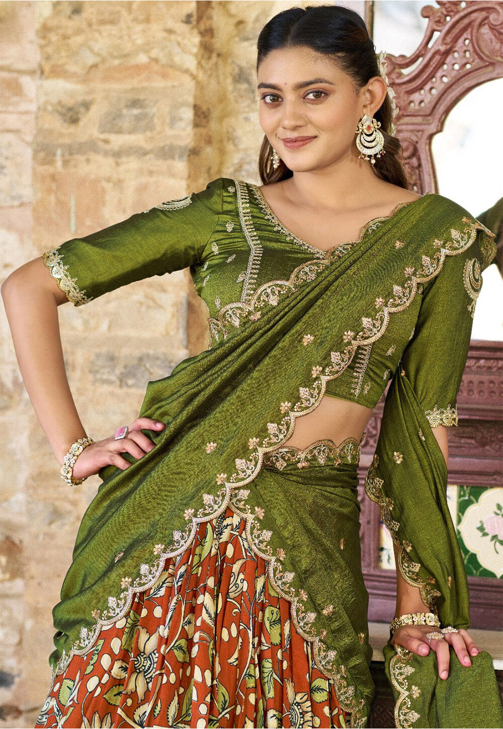 Buy Kalamkari Printed Art Silk Lehenga in Rust Online : LBC3321 - Utsav ...
