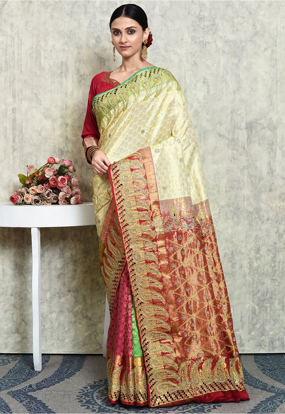 Buy Kanchipuram Pure Silk Saree in Cream and Multi Online : SBRA2592 ...