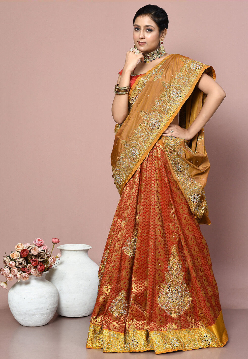 Buy Kanchipuram Pure Silk Two Part Saree in Mustard and Red Online ...