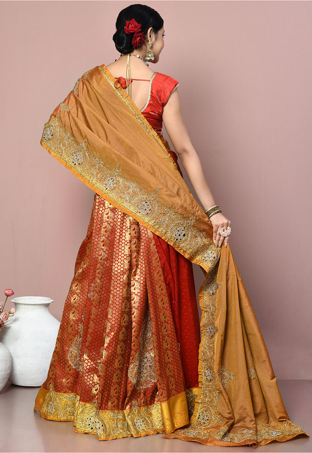 Buy Kanchipuram Pure Silk Two Part Saree in Mustard and Red Online ...