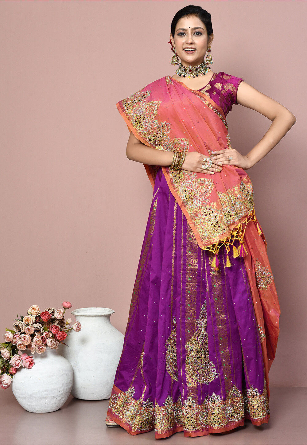 Buy Kanchipuram Pure Silk Two Part Saree in Orange and Purple Online ...