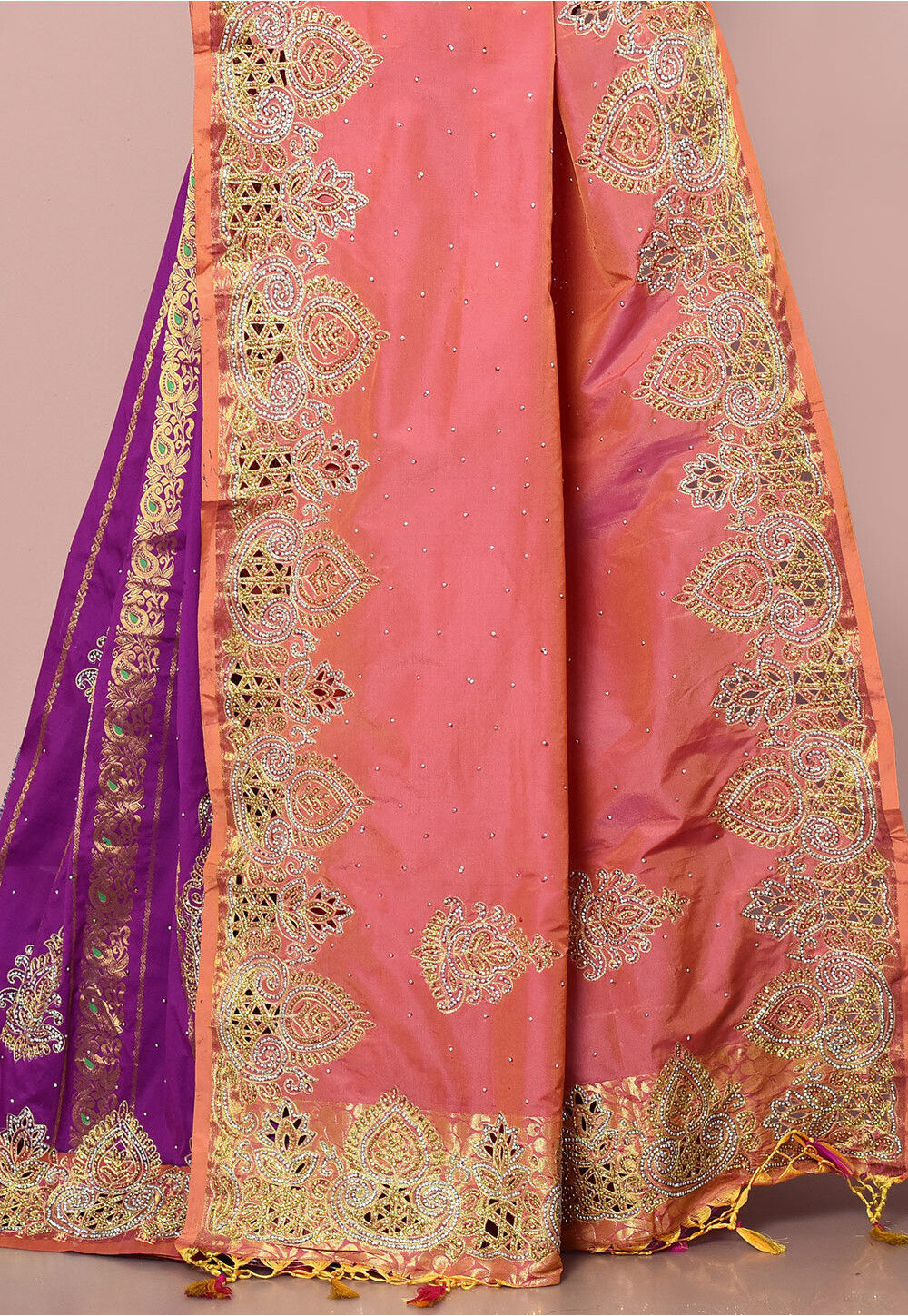 Buy Kanchipuram Pure Silk Two Part Saree in Orange and Purple Online ...