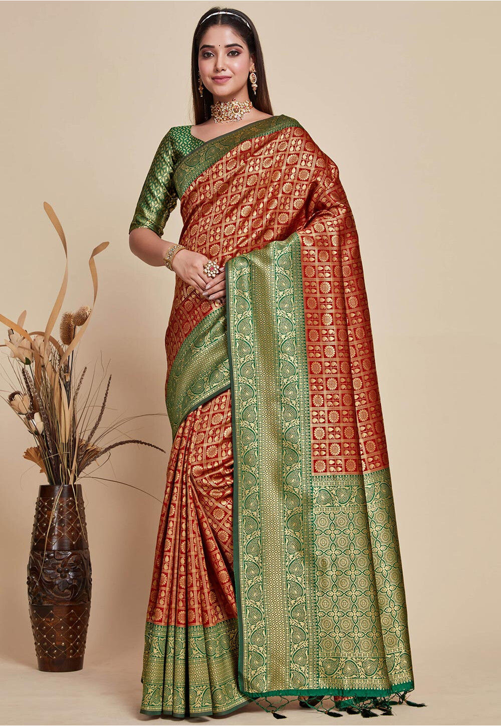 Buy Kanchipuram Saree in Dark Rust Online : SNGA5284 - Utsav Fashion