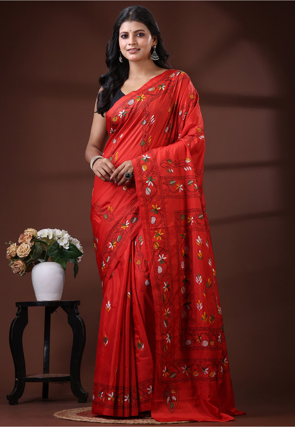 Buy Kantha Embroidered Art Silk Saree in Red Online : SBY1270 - Utsav ...