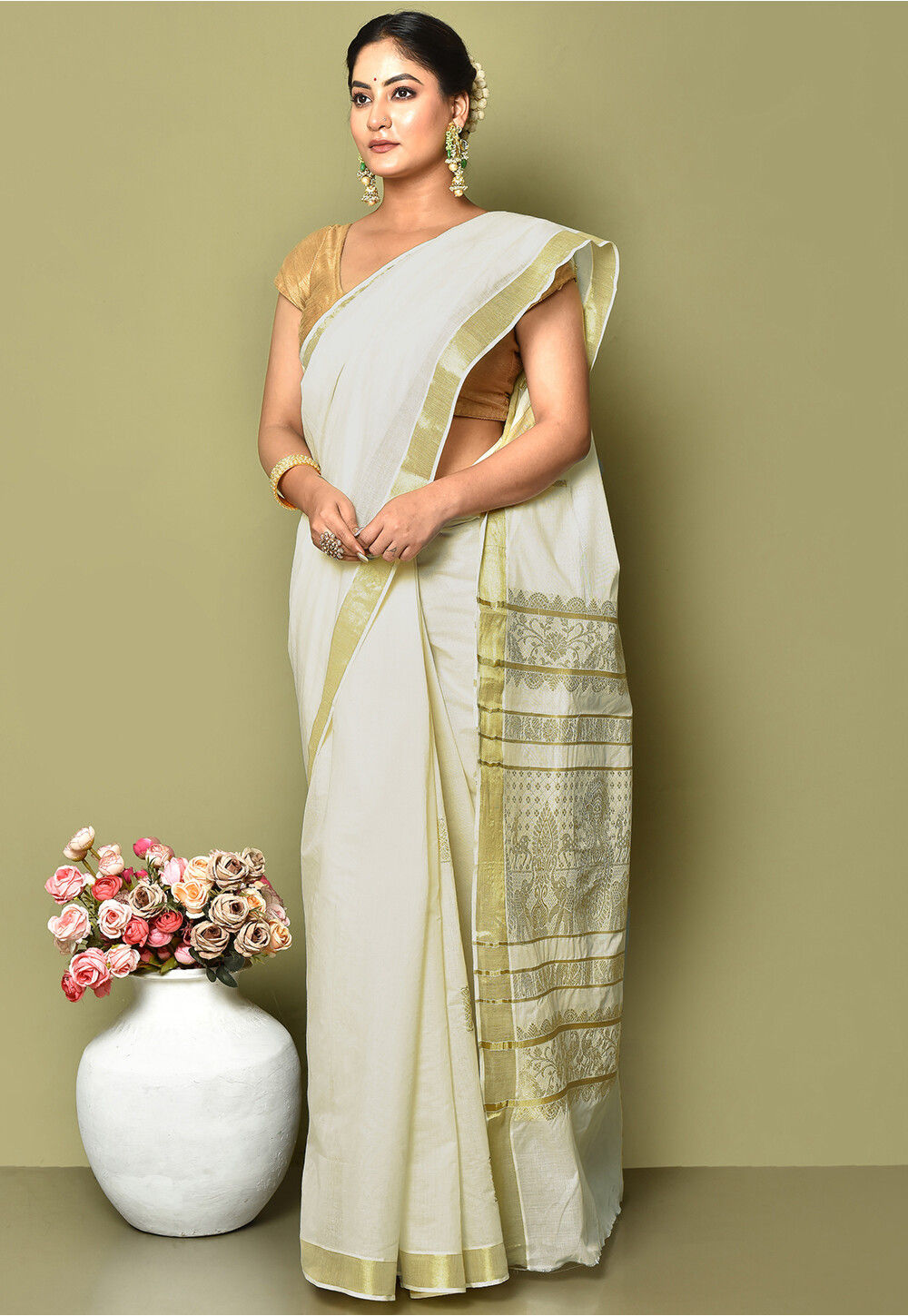 Buy Kerala Kasavu Saree in Cream Online : SPN6620 - Utsav Fashion