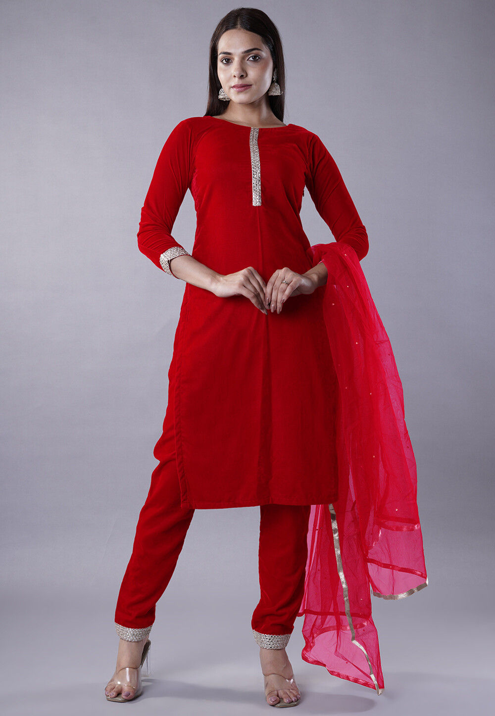 Buy Lace Border Velvet Pakistani Suit in Red Online : KUR0278 - Utsav ...