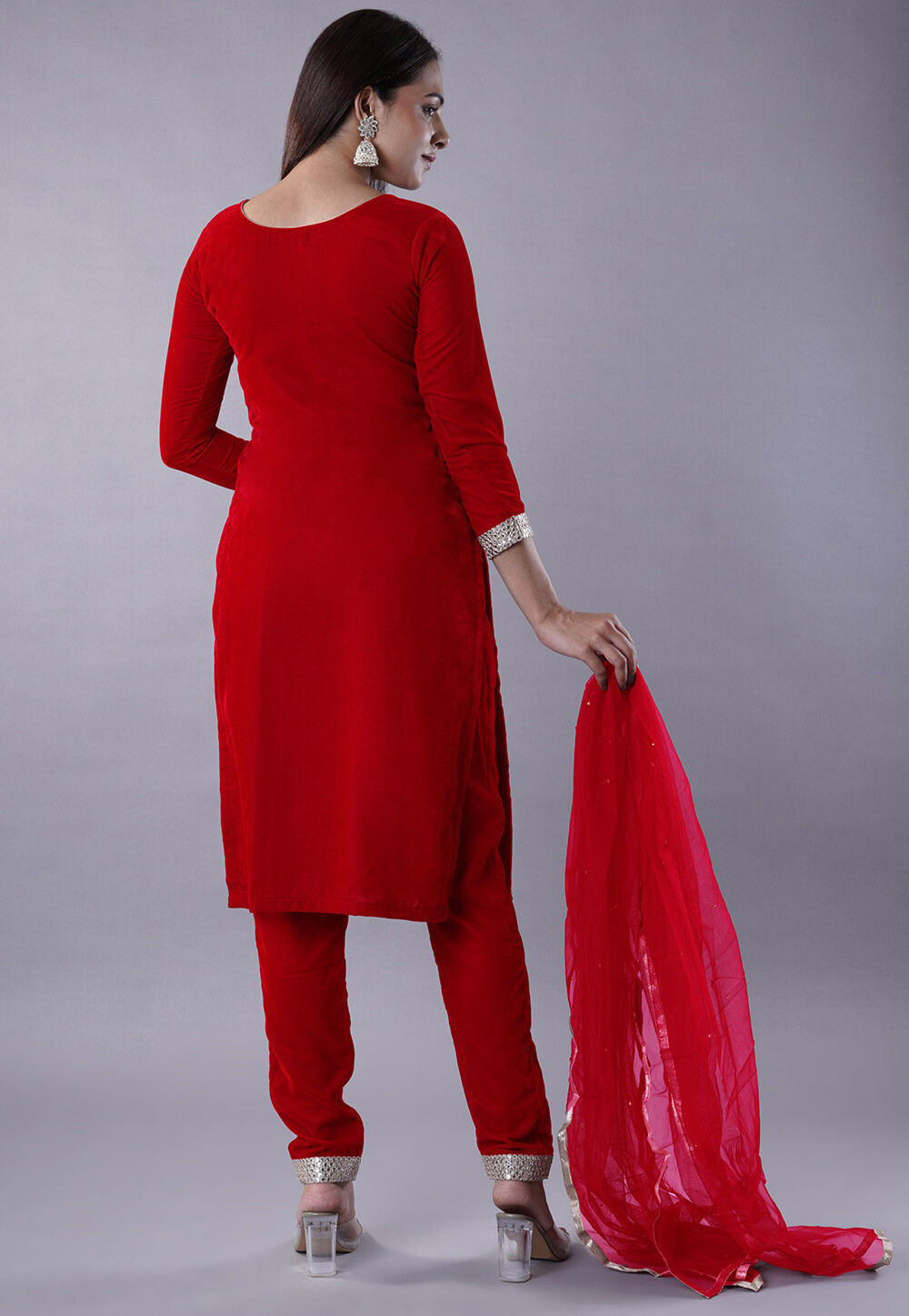 Buy Lace Border Velvet Pakistani Suit in Red Online : KUR0278 - Utsav ...