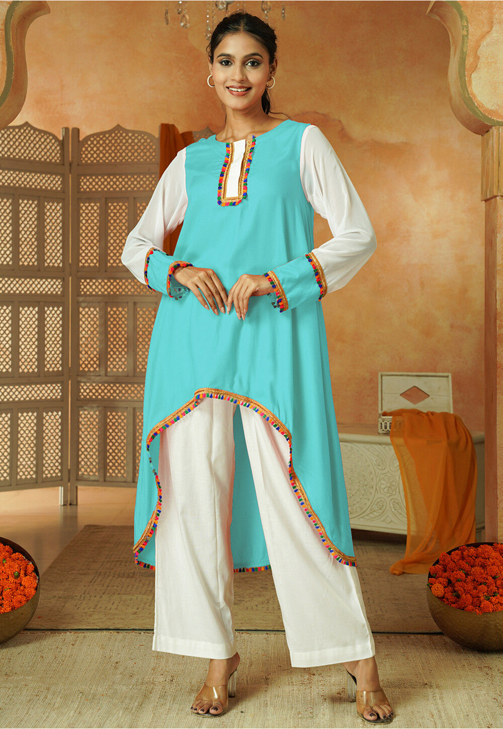 Buy Lace Embellished Georgette Asymmetrical Kurta Set in Sky Blue and ...