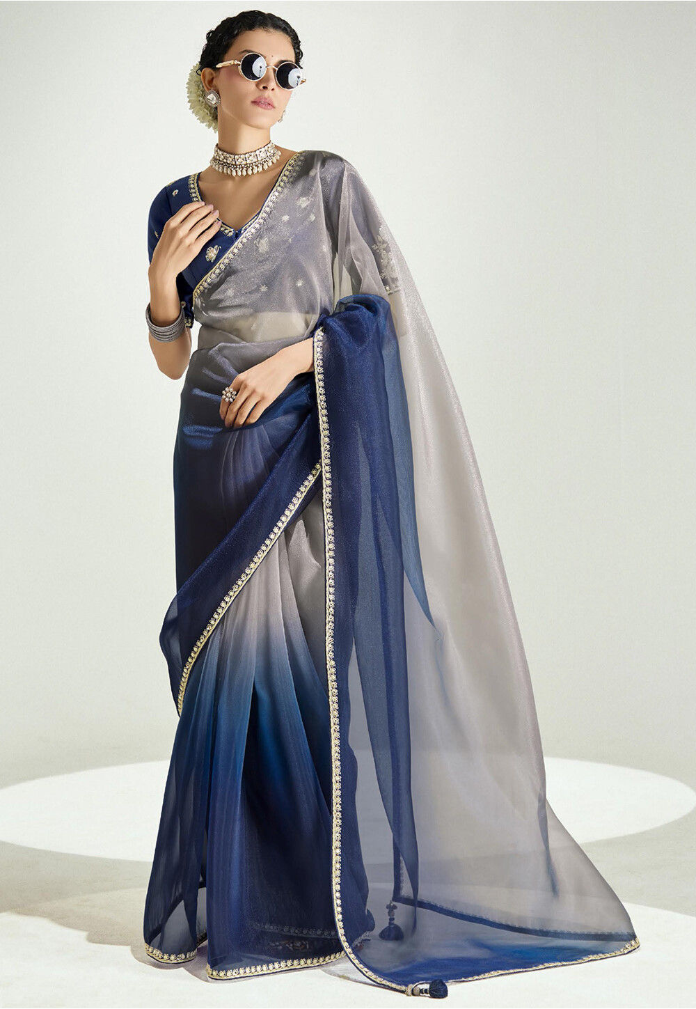 Buy Lace Embellished Tissue Silk Saree in Shaded Grey and Navy Blue ...