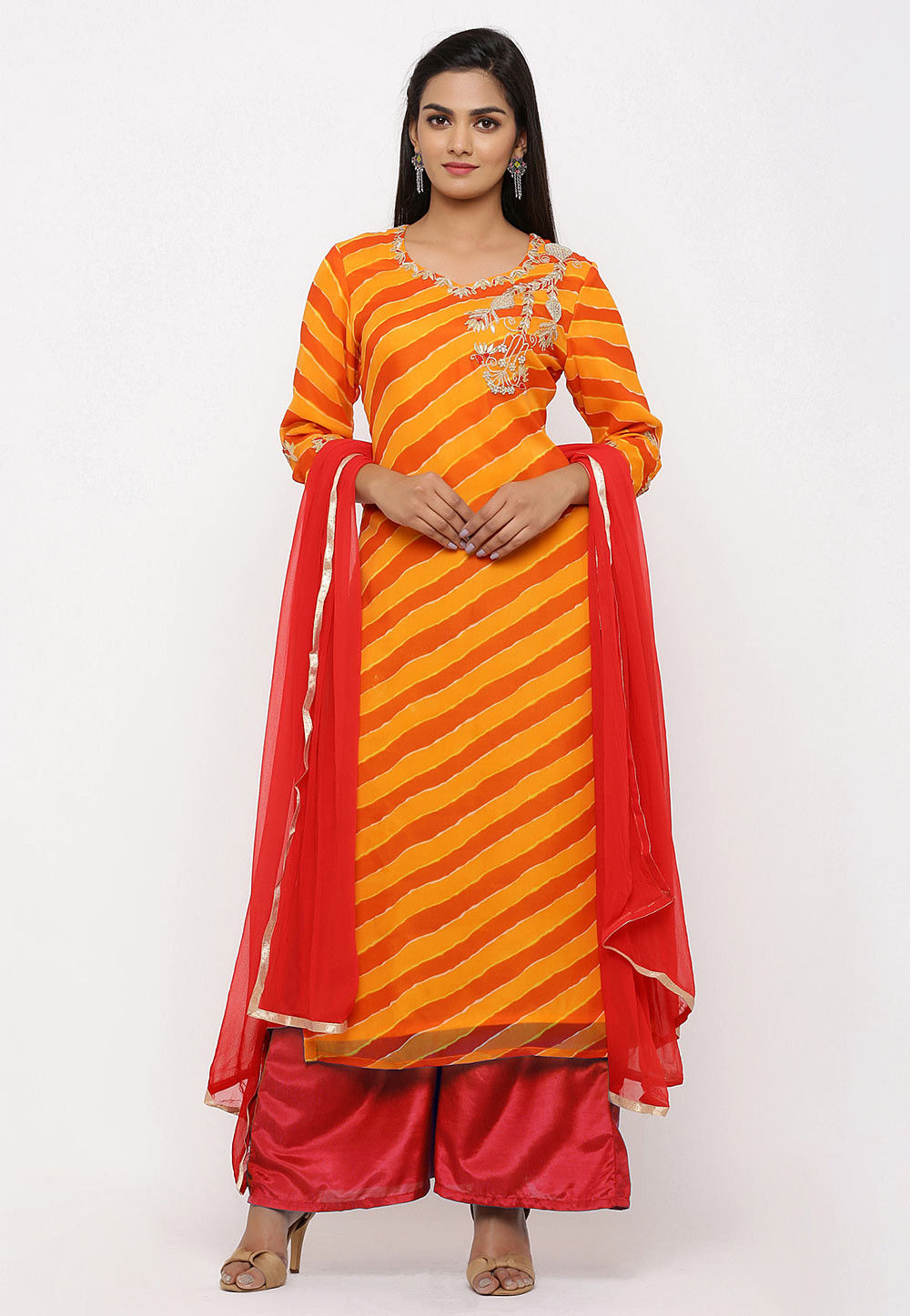 Buy Leheriya Printed Georgette Pakistani Suit in Yellow and Orange ...