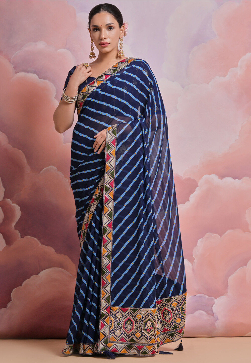 Buy Leheriya Printed Georgette Saree in Nave Blue Online : SPF10365 ...