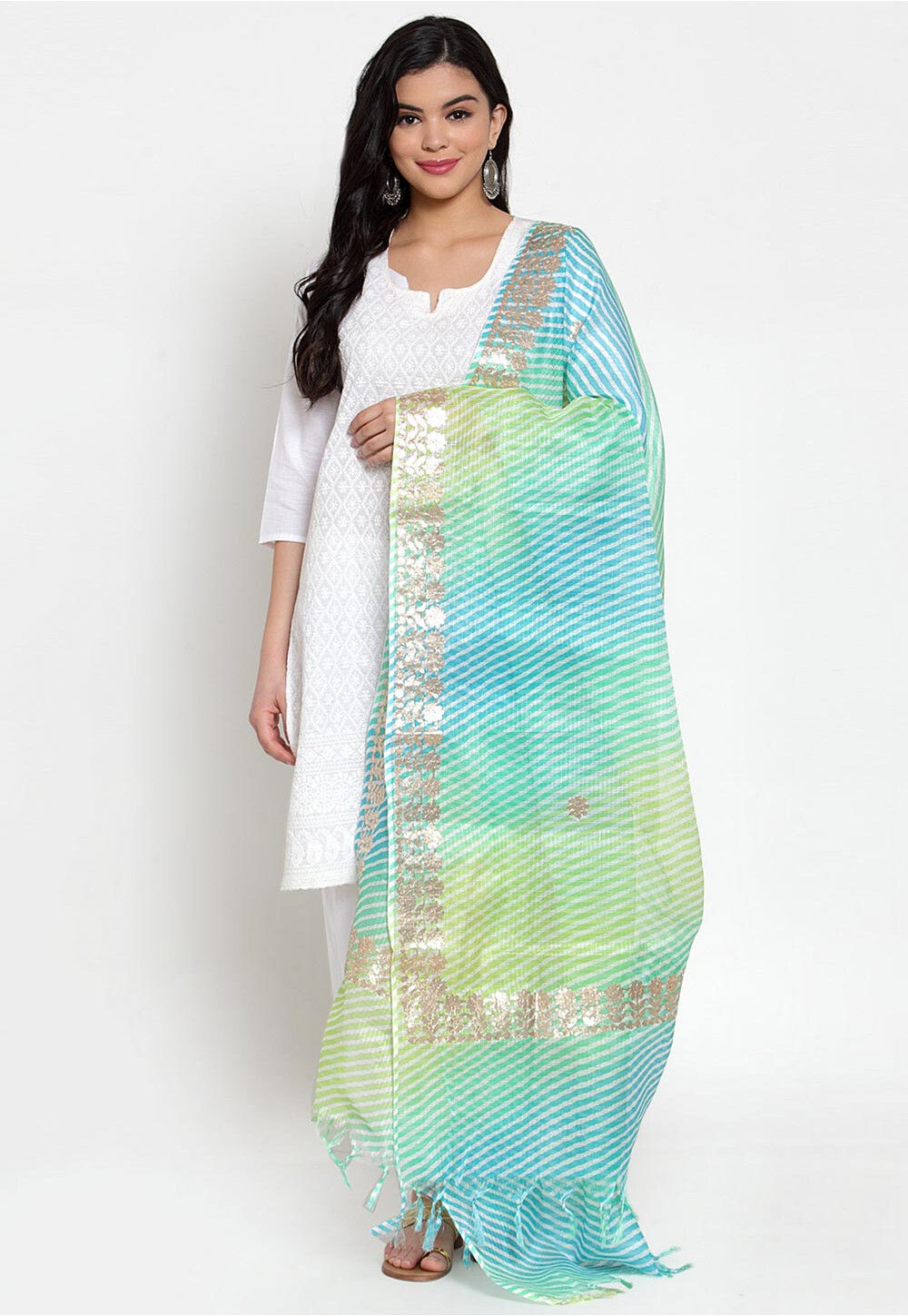 Buy Leheriya Printed Kota Doriya Dupatta in Blue and Light Green Online ...