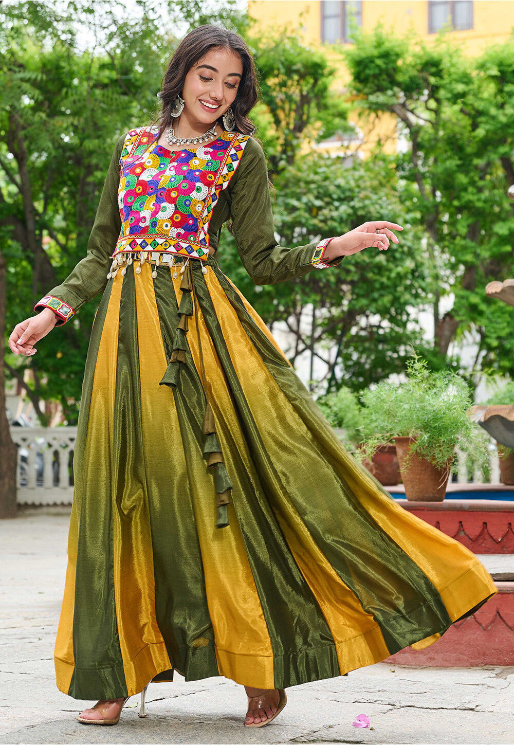 Buy Navaratri Special Chinon Chiffon Lehenga in Yellow and Olive Green ...