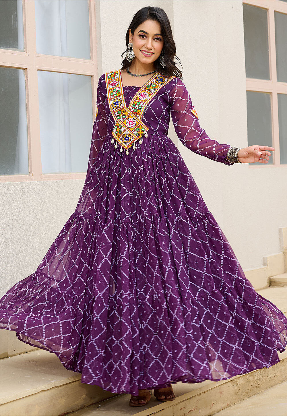Buy Navratri Special Georgette Tiered Gown in Purple Online : TPA4368 ...