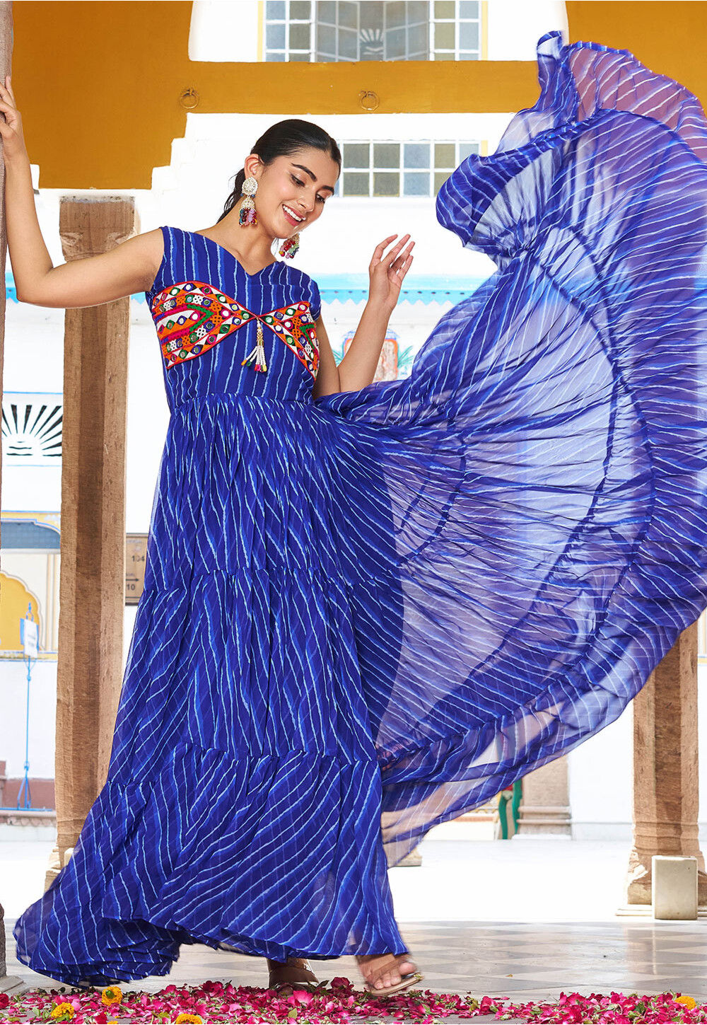 Buy Navratri Special Georgette Tiered Gown in Royal Blue Online ...