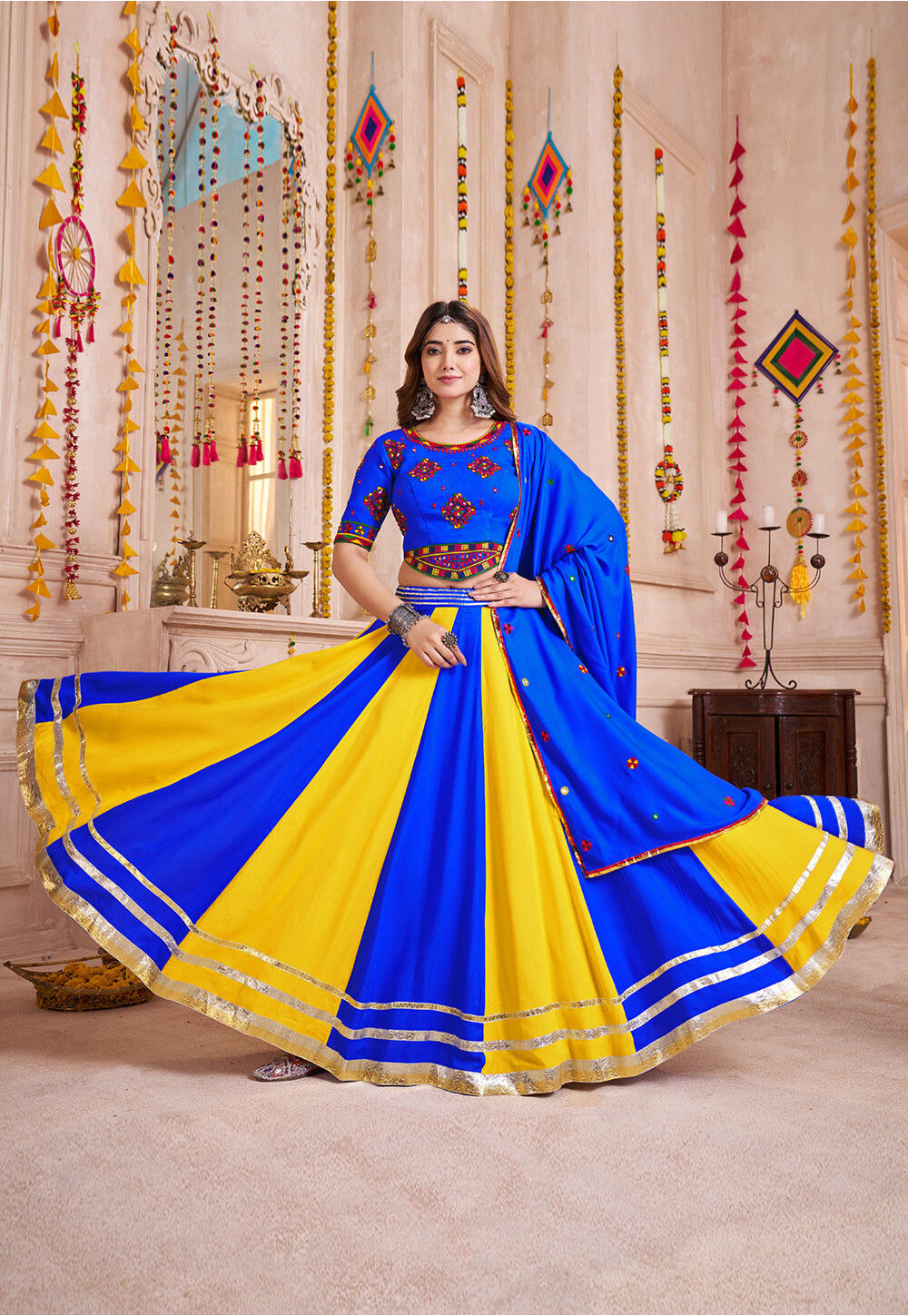 Buy Navratri Special Viscose Cotton Lehenga in Royal Blue and Yellow ...